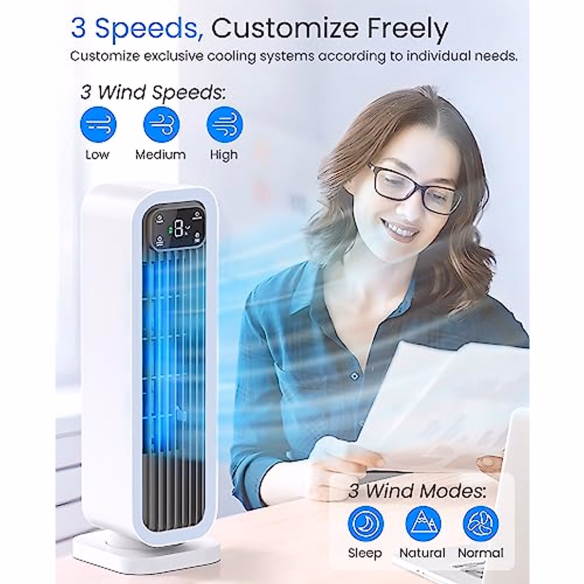let'me Desk Fan, 14.6 Inch Oscillating Office Fan, 10000mAh Battery Operated Small Quiet Fan with 3 Speeds, 8H Timer and Night Light, Desk Tower Fan for Bedroom Office Home Desktop White