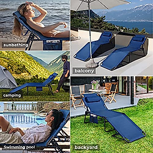 PRAISUN Folding Lounge Chair for Outside, Chaise Lounge for Outdoor, Tanning Chair with 5-Position Backrest, Sun Lounger Chair with Detachable Pillow, Fabric Bag, for Pool, Garden - Navy Blue