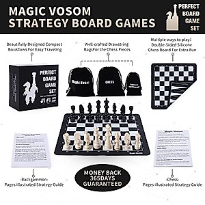 Magic Vosom Chess Sets, Travel Chess 15" x 15" 3 in 1 Chess, Checkers, Backgammon Set, Standard Chess Pieces and Chips Set of Silicone Board, Beginner Chess Set for Kids, Adults