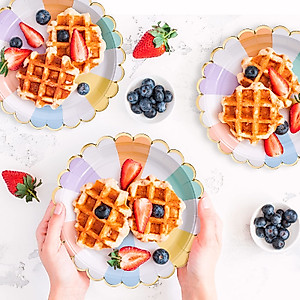 Confettiville Party Paper Plates, 50-Pack, Disposable Paper Plates, Gold Foil Scalloped Edge, Striped Pastel, 9-Inch