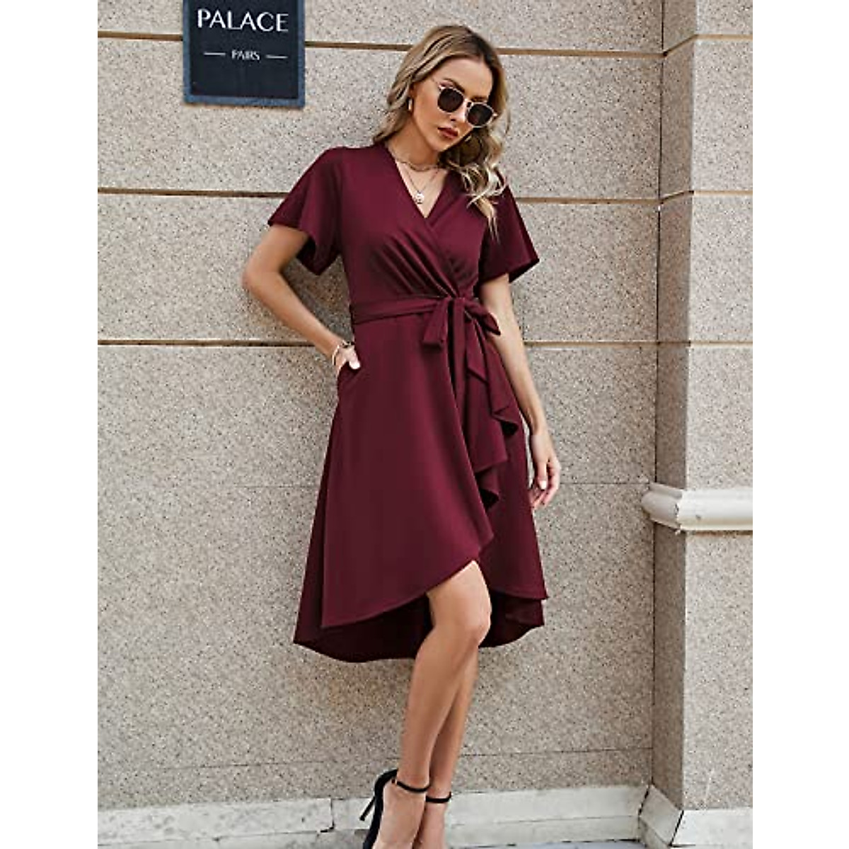Church 1950s Dress for Women Vintage Elegant Ruffle A Line Casual Cocktail Party Modest Dress for Special Occasions Wine Red XL