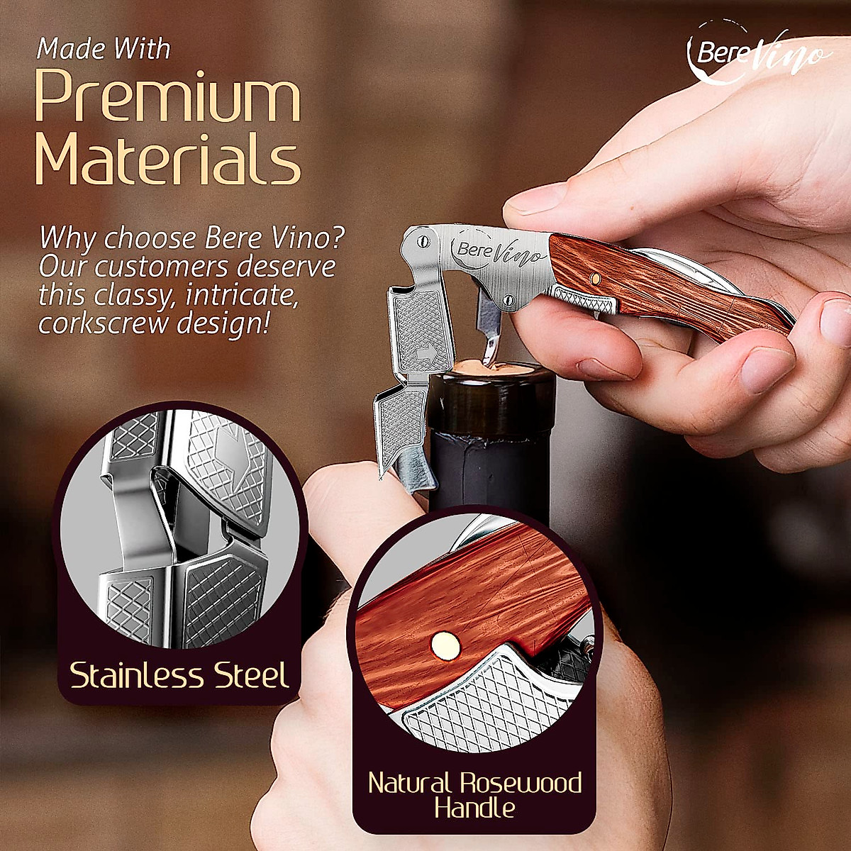 Bere Vino Professional Wine Opener with Foil Cutter | Manual Waiter Corkscrew, Wine Key for Servers and Bartenders | Stainless Steel Rosewood Wine Bottle Opener with Can/Bottle Opener for Home