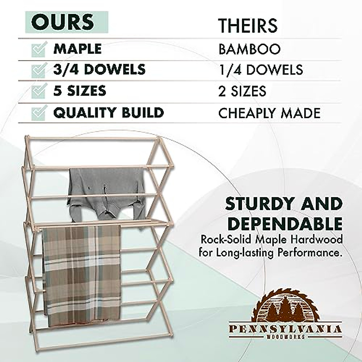 Pennsylvania Woodworks Clothes Drying Rack: Solid Maple Hardwood Laundry Rack for Bedding, Blankets, Towels & More, Heavy Duty, Folding Drying Rack Made in USA, No Assembly Needed, Extra Large