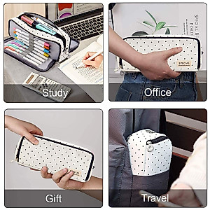 Big Pencil Case Pouch Large Pen Case Stationery Pencil Bag School College Office Organizer for Teens Girls Adults Student (Black Dots)