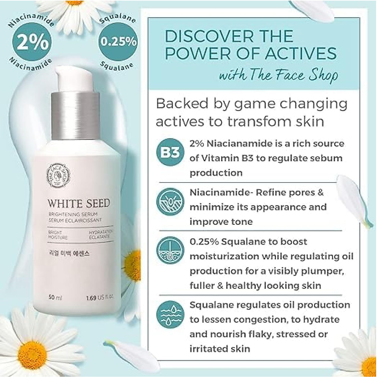 The Face Shop Whiteseed Brightening Serum | Deep Skin Brightening, Boost Moisturization & Pore Minimize | Skin Texture & Clarity Improvement, Dullness Reducing, 1.69 Fl Oz