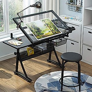VejiA Drafting Table with Storage, Height Adjustable Tiltable Art Desk, Glass Panel Drawing Desk, for Work Study Painting Craft Table