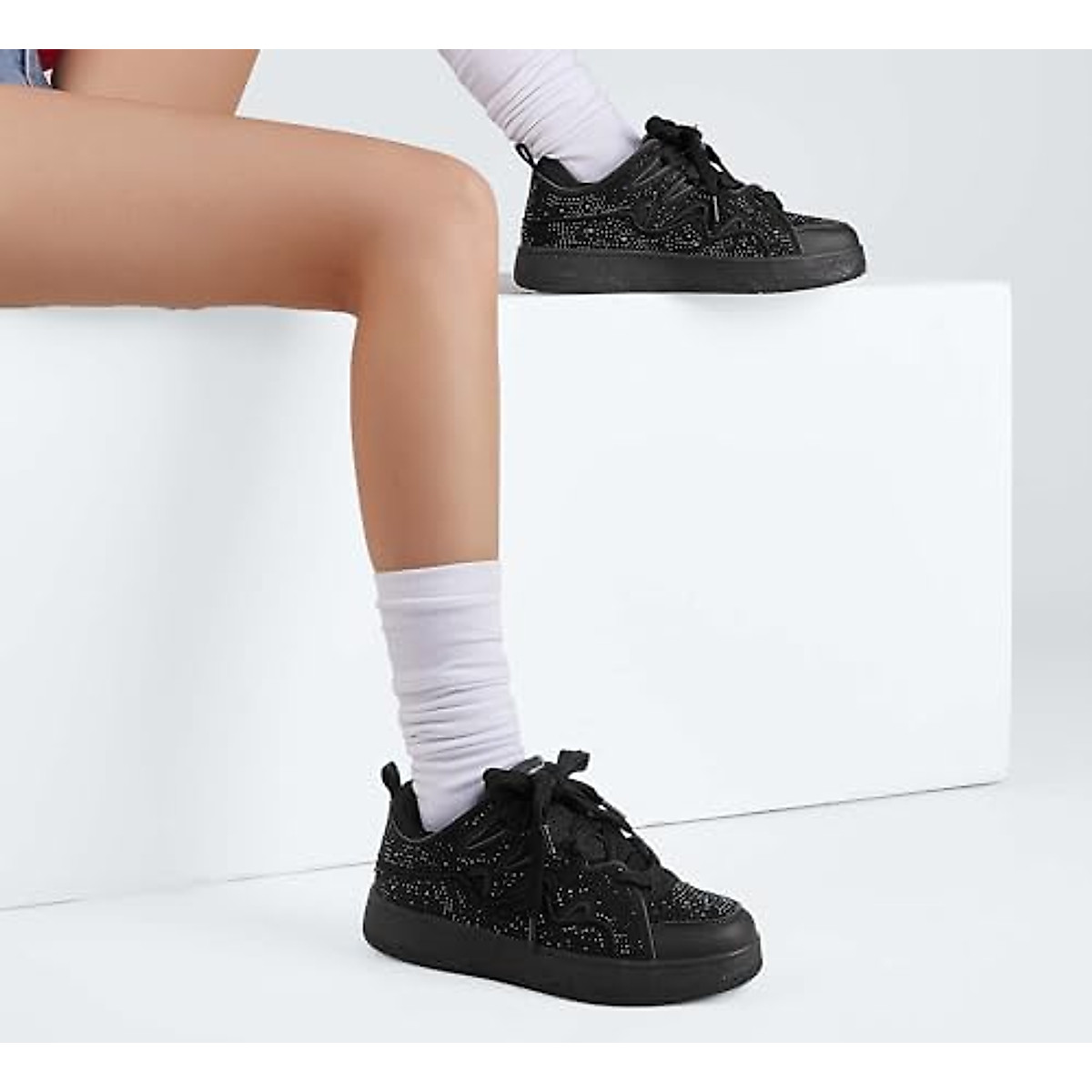 LUCKY STEP Women's Sparkle Rhinestone Fashion Sneakers Walking Tennis Bling Glitter Roaring Shoes Platform Lace up Casual Mesh Sneaker(Black Rhinestone,8.5)