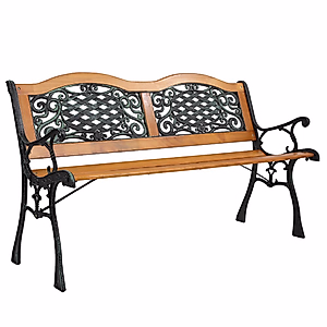Shyneer 49'' Patio Bench, Outdoor Garden Bench, Cast Iron & Hardwood Structure, Weather Proof Porch Furniture, Perfect for Backyard, Deck, Lawn, Poolside