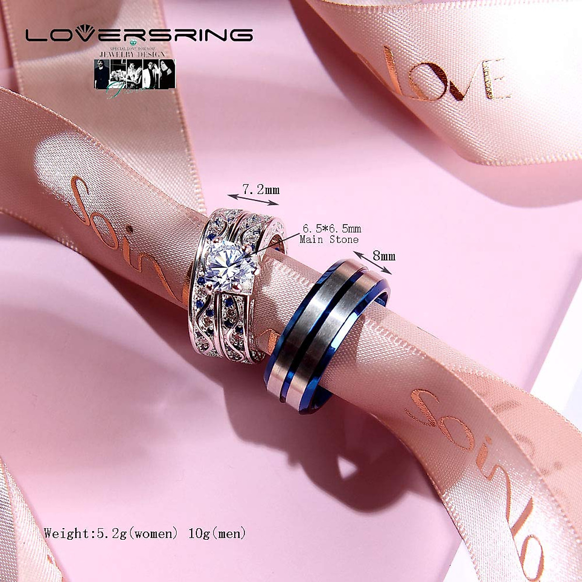 LOVERSRING Two Rings Wedding Ring Sets His and Hers Promise Ring Couples Bridal Sets Women 925 Sterling Silver Heart Cz Man Brushed Finished Tungsten Carbide Wedding Bands