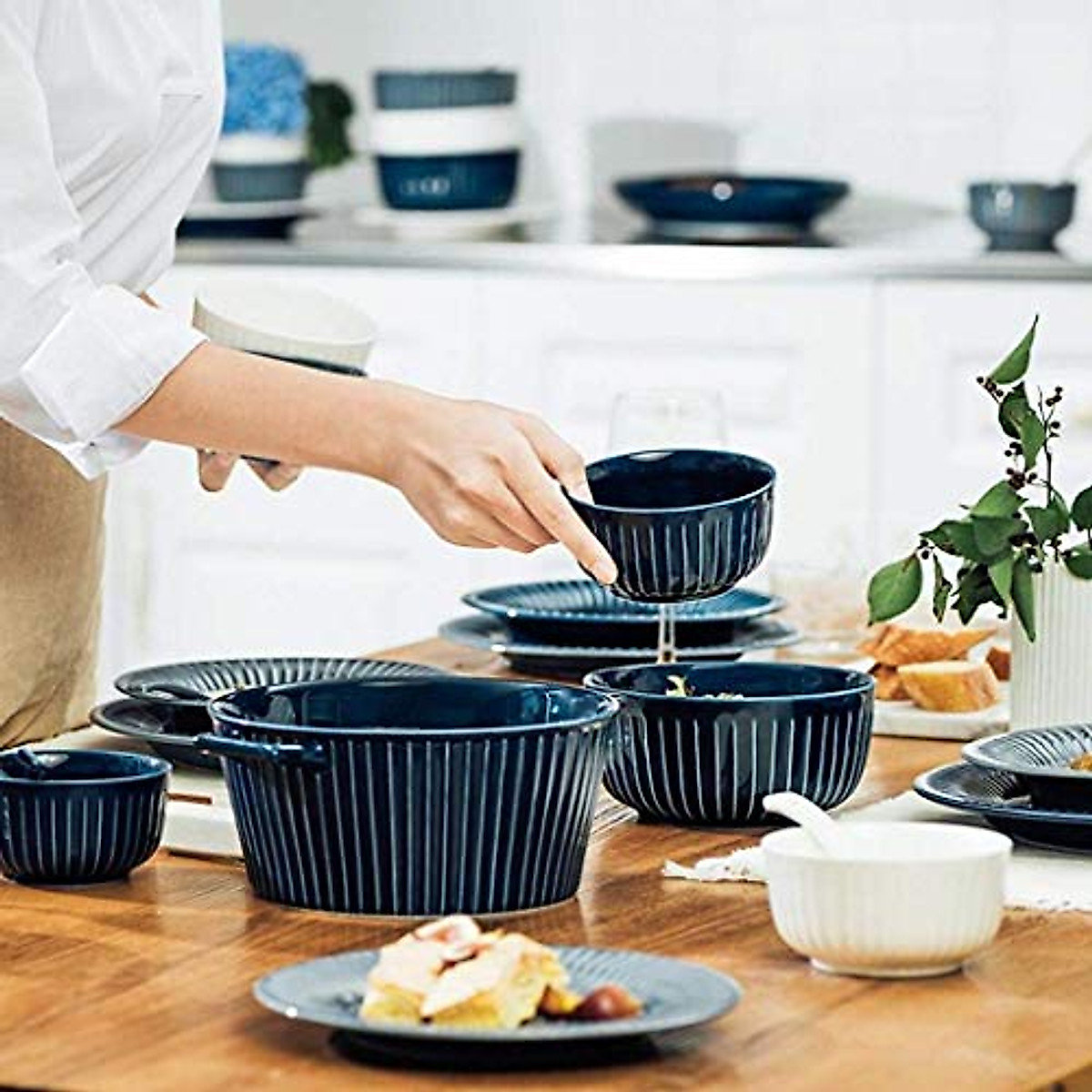 Dinnerware Set,46 Pieces White Blue Vertical Pattern Ceramics Dinner Sets Plates Bowls Combination for Family Party