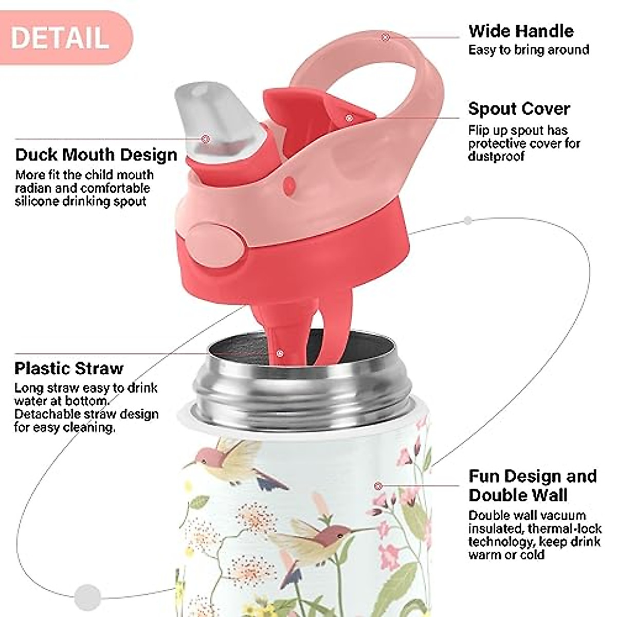 Kigai Hummingbirds Kids Water Bottle, Insulated Stainless Steel Water Bottles with Straw Lid, 12 oz BPA-Free Leakproof Duck Mouth Thermos for Boys Girls