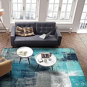 Turquoise and Gray Abstract Art Area Rug, Teal Graffiti Painting Indoor Carpet, Comfortable Soft Rug Breathable with Non-Slip Backing Ideal for Living Room Bedroom Boy Girl Decor5 x 7ft