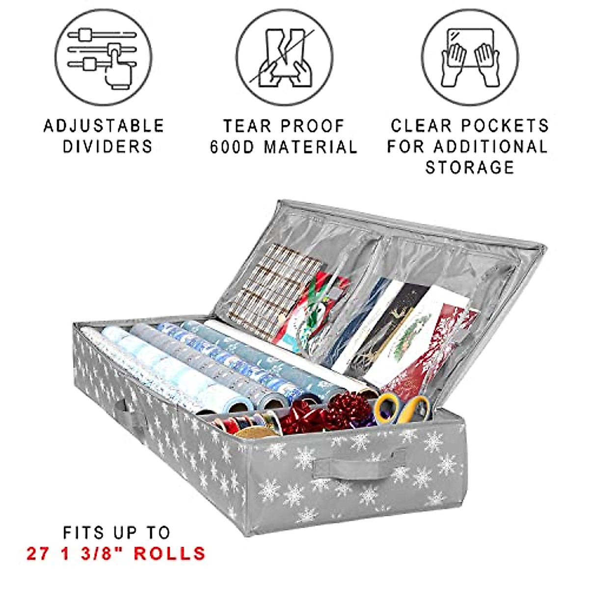 Wrapping Paper Storage Container – Fits up to 27 Rolls 1 3/8” Diam. - Underbed Gift Wrap Organizer Bags, Wrapping Paper Rolls, Ribbon, and Bows - Under Bed- Durable Material 600D - Up to 40” Rolls