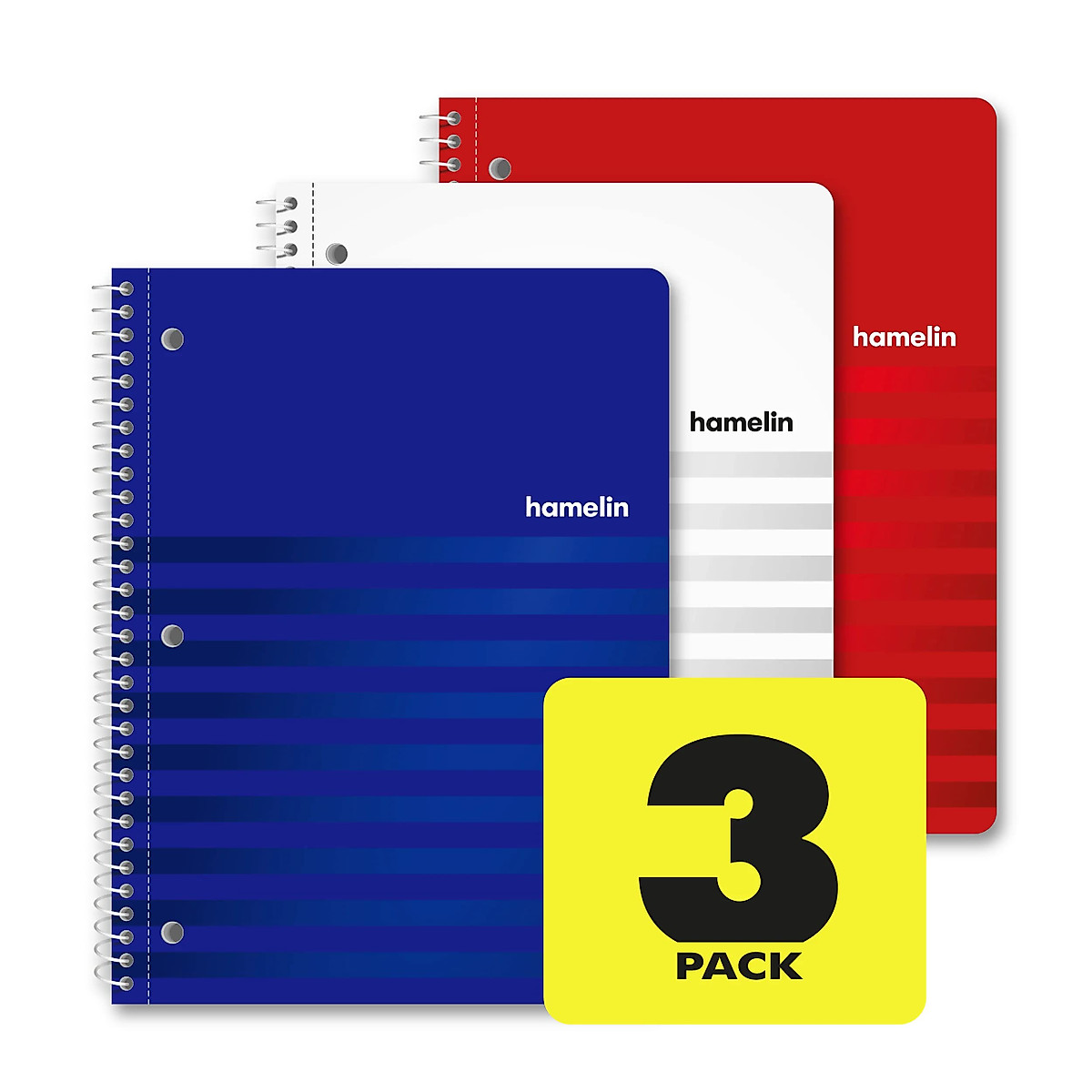 Hamelin, Spiral Notebooks College Ruled, 70 sheets, 8"x10" Assorted Colors, Value Pack 3