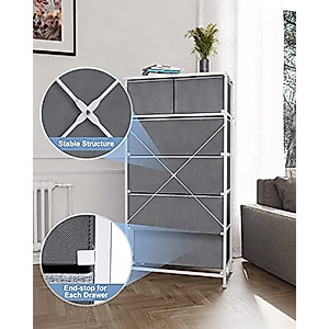 Crestlive Products Vertical Dresser Storage Tower - Sturdy Steel Frame, Wood Top, Easy Pull Fabric Bins, Wood Handles - Organizer Unit for Bedroom, Hallway, Entryway, Closets - 6 Drawers (Light Grey)