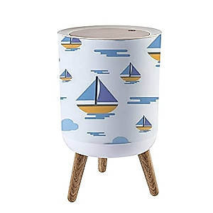 CAKOJV188 Round Trash Can with Press Lid Seamless Sailboat Design for Fabric Small Garbage Can Trash Bin Dog-Proof Trash Can Wooden Legs Waste Bin Wastebasket 7L/1.8 Gallon