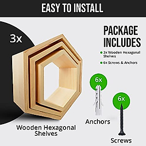 MRONextDay.com Set of 3 Wooden Wall Mounted Hexagon Floating Shelves, Hexagon Shelves Set for Kitchen, Living Room, Bedroom, Hexagon Shelves for Decorations (Honey Oak)