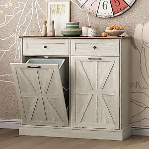 Halitaa Trash Can Cabinet, Double Tilt Out Trash Cabinet with 2 Drawers, Hidden Kitchen Trash Bin Cabinet for 10 Gallon Garbage Can, Free Standing Holder Wooden, Walnut White