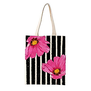Canvas Shoulder Bag 15x18 Inch,Flowers Stripe Tote Bag for Books,Birthday Inspirational Gifts for Kids Girls Women