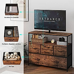 Simoretus TV Stand with Power Outlet and Fabric Drawers Entertainment Center for TV up to 45 inch Industrial Open Storage Shelf Media Console Dresser for Living Room Bedroom