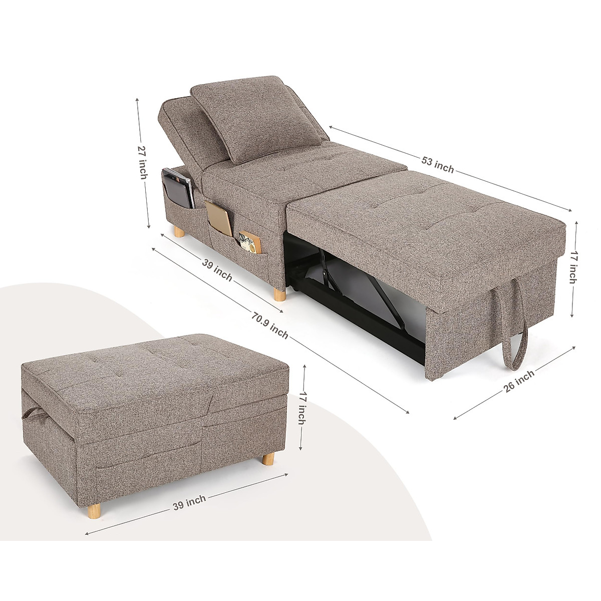 SEJOV Sleeper Sofa Chair Bed,4-in-1 Convertible Sofa Bed Chair with 6 Adjustable Backrest and Pillow, 3-Seat Pull Out Sleeper Chair Linen No Backrest for Bedroom Small Space Living Room, Grey Brown