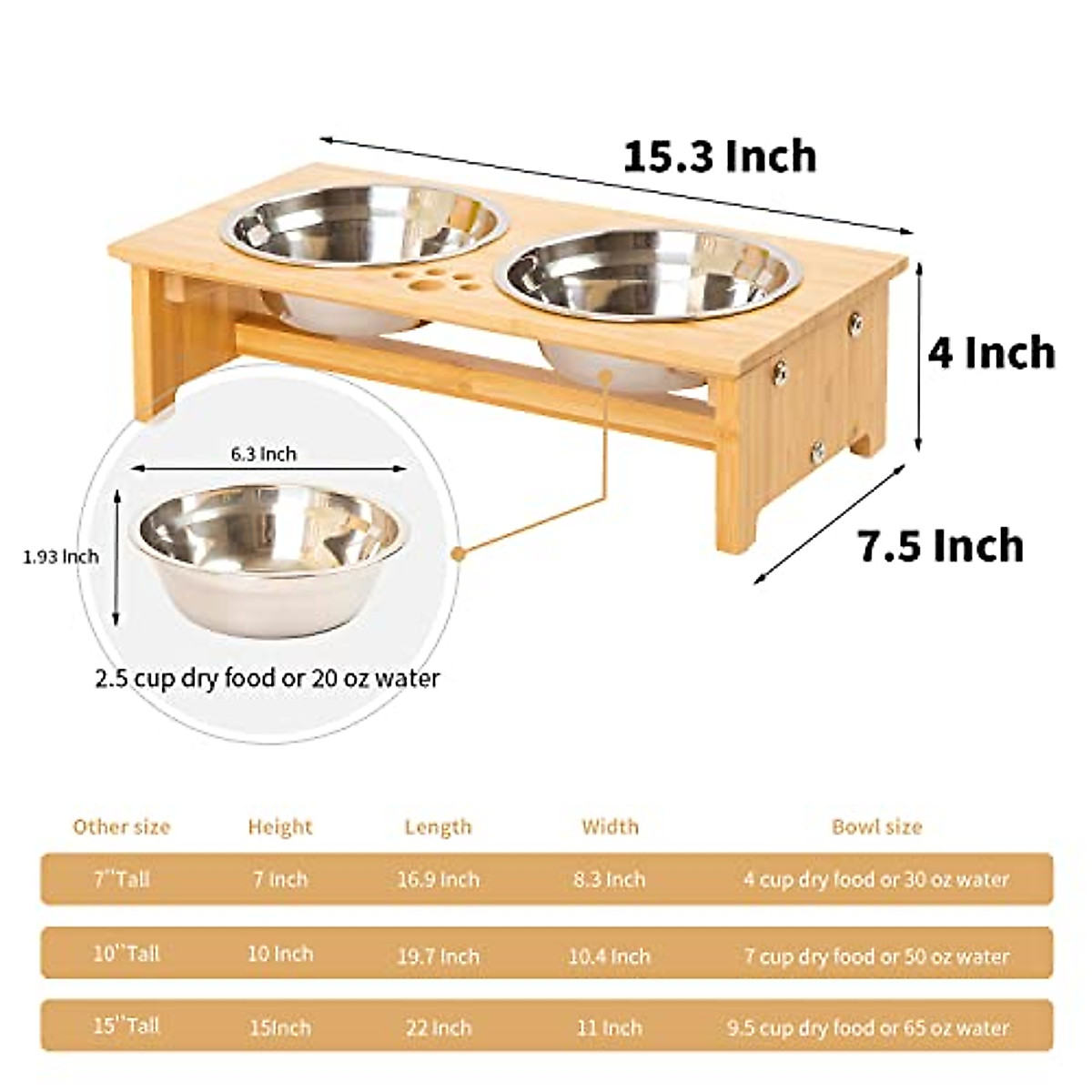 FOREYY Raised Pet Bowls for Cats and Small Dogs, Bamboo Elevated Dog Cat Food and Water Bowls Stand Feeder with 2 Stainless Steel Bowls and Anti Slip Feet (4'' Tall-20 oz Bowl)