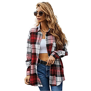 Floerns Women's Casual Plaid Long Sleeve Button Front Collar Blouses Shirts Top Red Black XS