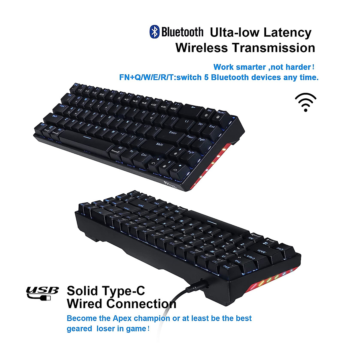 RK ROYAL KLUDGE RK71 Mechanical Keyboard 70% Compact Bluetooth Keyboard 71 Keys,Tenkeyless USB Wired/Wireless Portable Gaming/Office with Stand-Alone Arrow Keys for Windows MacOS (Brown Switch-Black)
