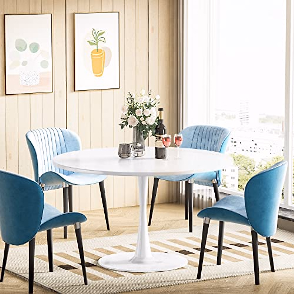 Recaceik Modern Round Dining Table, 42.1'' Tulip Table with MDF Table Top & Metal Pedestal Base for Dining Room Living Room Cafe w/ 0.71” Thickened Tabletop for 4-6 People, White