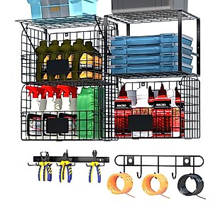 Niovrooro Garage Shelving Wall Mounted with Wire Baskets and Hooks,Basement Hanging Storage and Organizers,Heavy Duty Organization Shelves,Wall Storage Rack