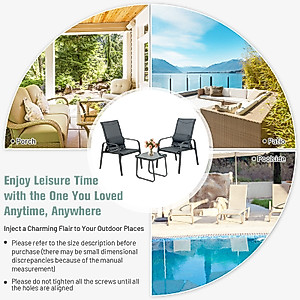 Tangkula 3 Piece Outdoor Bistro Set, Patio Stackable Chairs with Adjustable & Folding Backrest, Removable Headrest and Tempered Glass Coffee Table Set, Patio Conversation Set with Steel Frame (Grey)