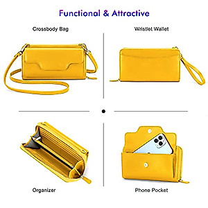 nuoku Crossbody Bags for Women, Wristlet Wallets for Women, Small Clutch Purses for Women, Cell Phone Wallet, Rfid Wallet, Yellow