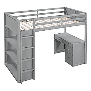 DEYOBED Twin Size Wooden Loft Bed Frame with Desk, Storage Drawers, Open Shelves, and Ladder - Maximizing Bedroom Space with Practical Furniture for Kids and Teens