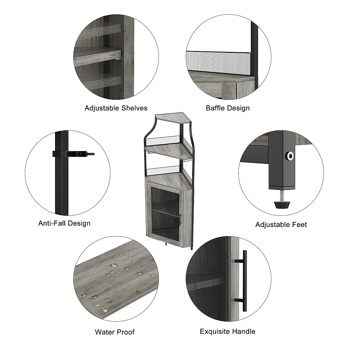 GAOMON Corner Wine Bar Rack Cabinet with Detachable Wine Rack, Bar Cabinet with Glass Holder, Small Sideboard and Buffet Cabinet with Mesh Door (Grey)