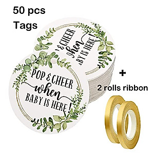 Baby Shower Mini Champagne Bottle Favor Tags, Pop and Cheer When Baby is Here Tags, Greenery Champagne Baby Shower Favor Tags, 2 Inches, 50 Count with Golden Ribbon