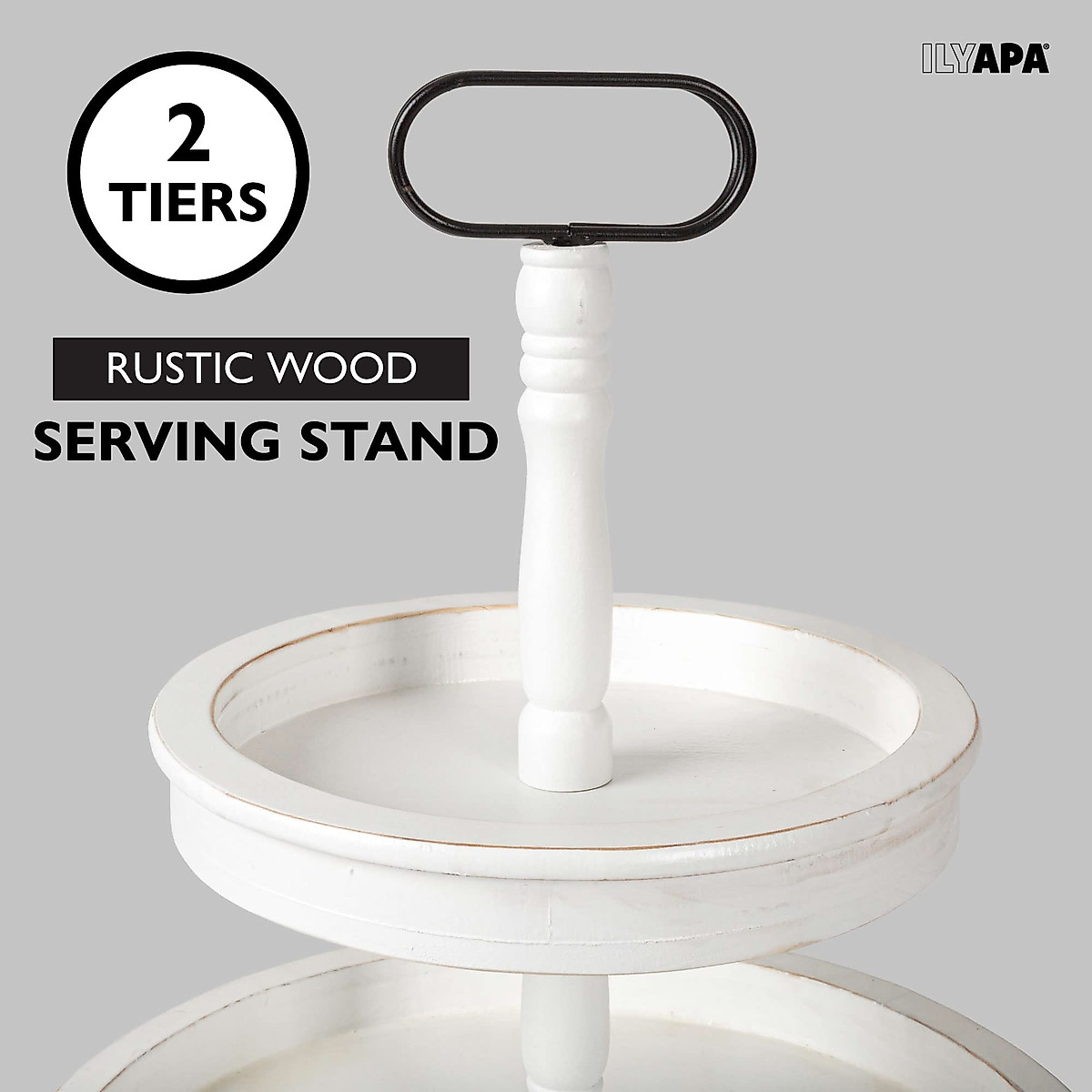 Ilyapa Decorative Farmhouse Tiered Serving Tray Stand - 2 Tier Rustic Wooden Serving Stand with Handle - White, 16 x 14.5 x 14.5