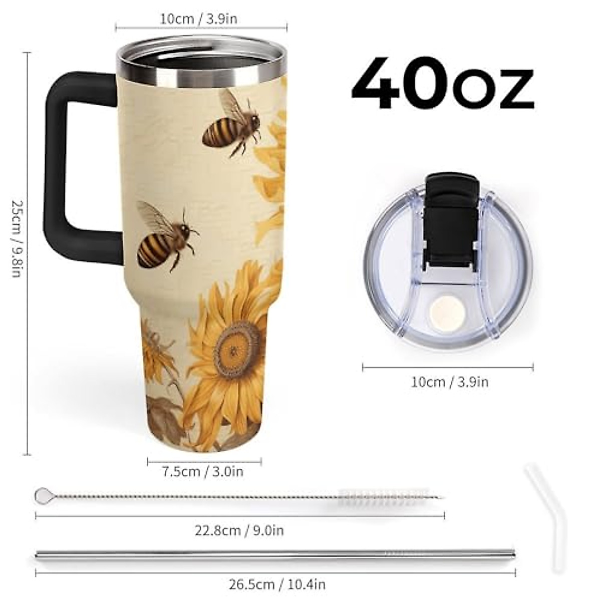 40 Oz Tumbler with Handle Bees And Sunflowers on Old Paper Stainless Steel Coffee Mug Reusable Travel Mug Leak-proof Insulated Car Cup Large Capacity Tumbler for Travel, Outdoor, Home Use (Black)