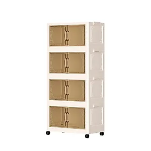 YUEXINKJ Plastic 4 Tier Storage Bins with Lids,Folding Storage Box with Doors and Wheels Stackable Storage Bins,Closet Organizers and Storage for Living Room,Office,Dorm