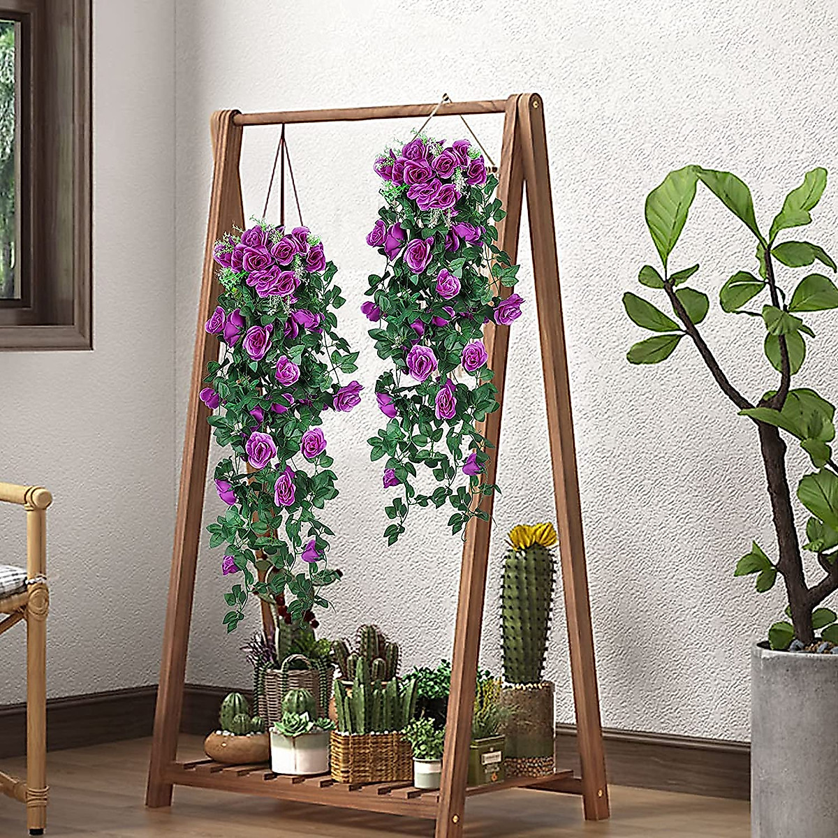 Haoyuetch 2PCS Artificial Rose Vine Flowers with Green Leaves,3Ft Hanging Rose Ivy Plants for Home Wedding Party Garden Wall Decoration (Purple)