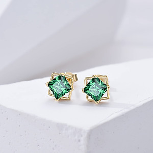 MUUYON 14K Solid Gold Princess Cut Emerald Stud Earrings,Yellow Real Gold Created Emerald Earrings with Push Backs, May Birthstone Earrings Jewelry for Her Women Mom