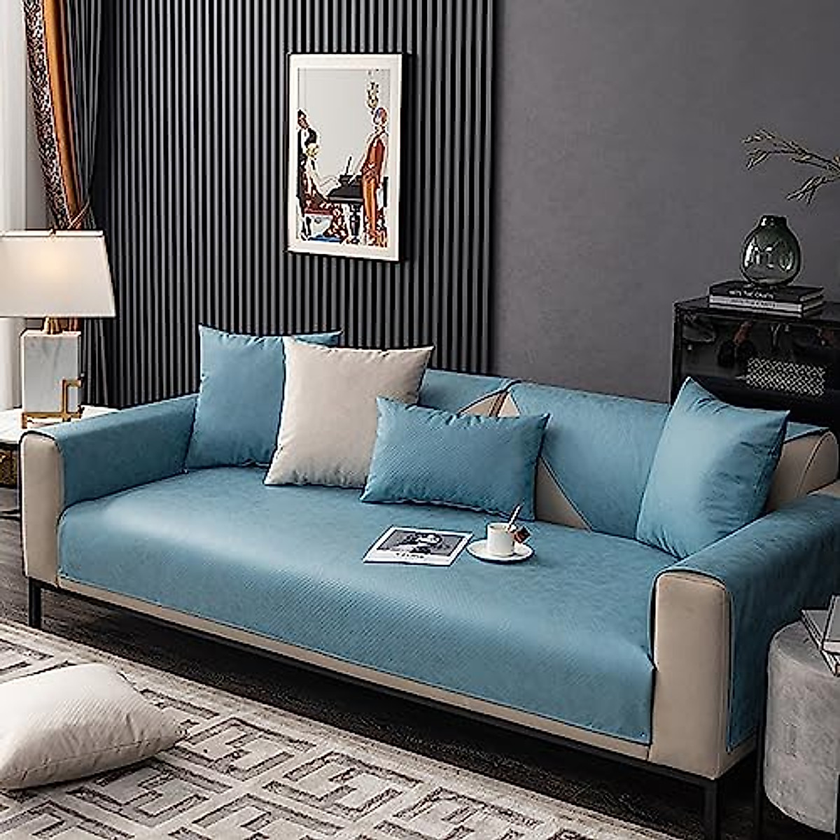 LIANGLAOI Leather Sofa Cover 1 2 3 4 Seater,L Shape Non-Slip Sectional Sofa Slipcover,Plain Color Couch Slipcover for Dogs Cats Pet Love Seat Recliner Armrest Backrest Cover-Baby Blue,1pc-90x240cm