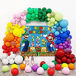 Super Brother Cartoon Backdrop Background Gold Coin Video Game Mushroom Blue Happy Birthday Backdrop for Kids Baby Shower Party Supplies Cake Table Banner Photo Booth Studio Props 7x5FT