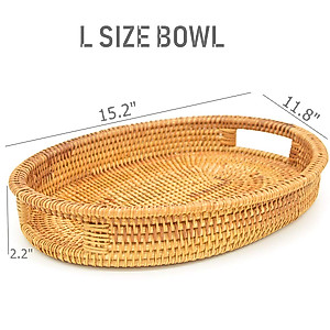 Large Handmade Oval Basket, Wicker Fruit Bowls, Rattan Serving Tray with Handles, Coffee Table Décor for Bread, Snack, Vegetable, Odds and Ends, L, 15.2 Inch