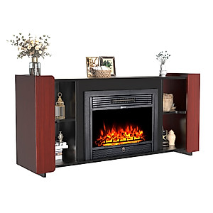 EROMMY 63'' Fireplace TV Stand with 28'' Electric Fireplace Insert, Entertainment Center with 3 Colors Flame Fireplace Heater, TV Console for TVs up to 70'' for Living Room, Bedroom, Office, Cherry