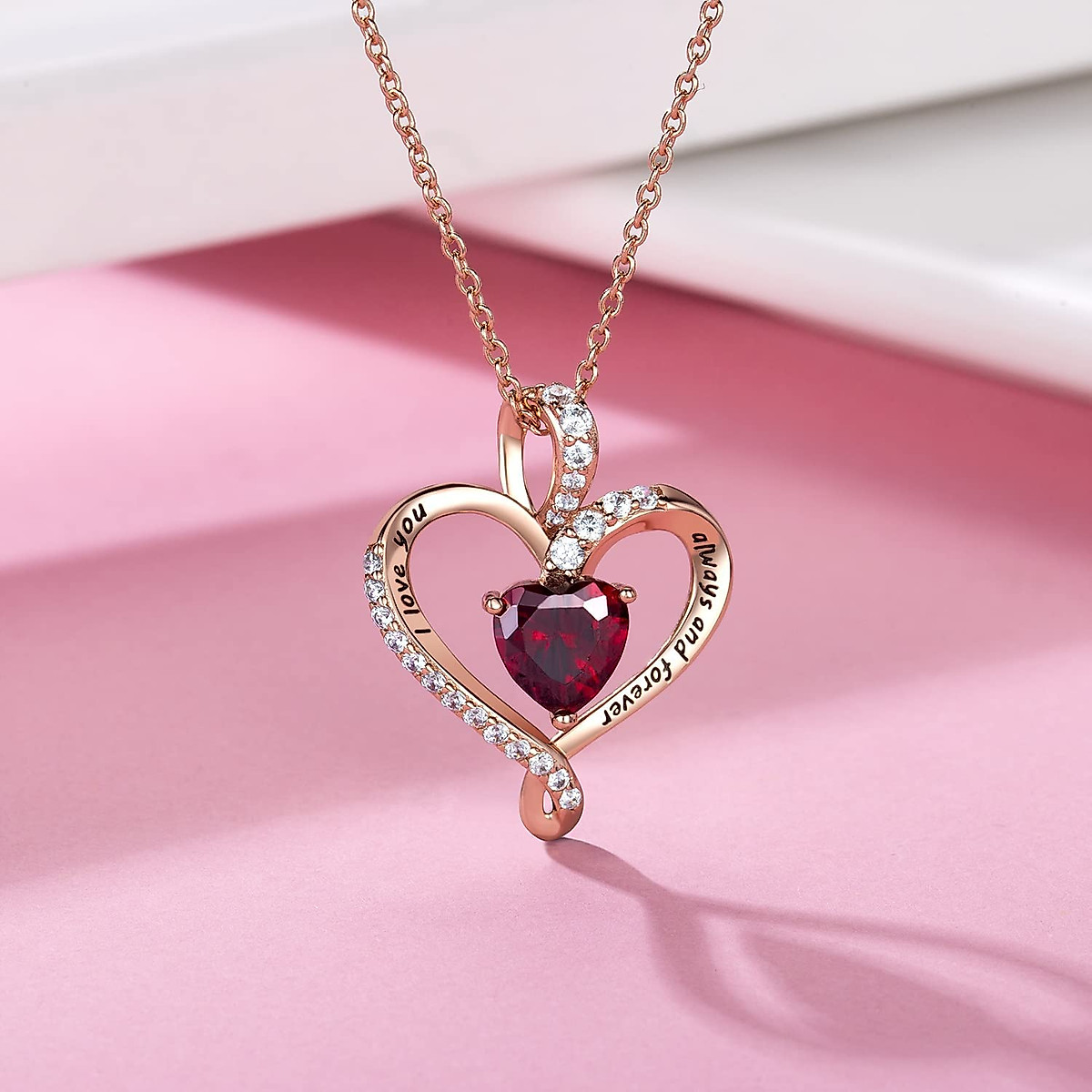 BlingGem Heart Necklaces for Women Birthstone Necklaces Jewelry for Women 925 Sterling Silver Necklace Womens Jewelry Love Diamond Pendant Necklace I Love You Always and Forever Fine Jewelry Birthday Anniversary Valentine's Day Mother's Day Christmas Gift