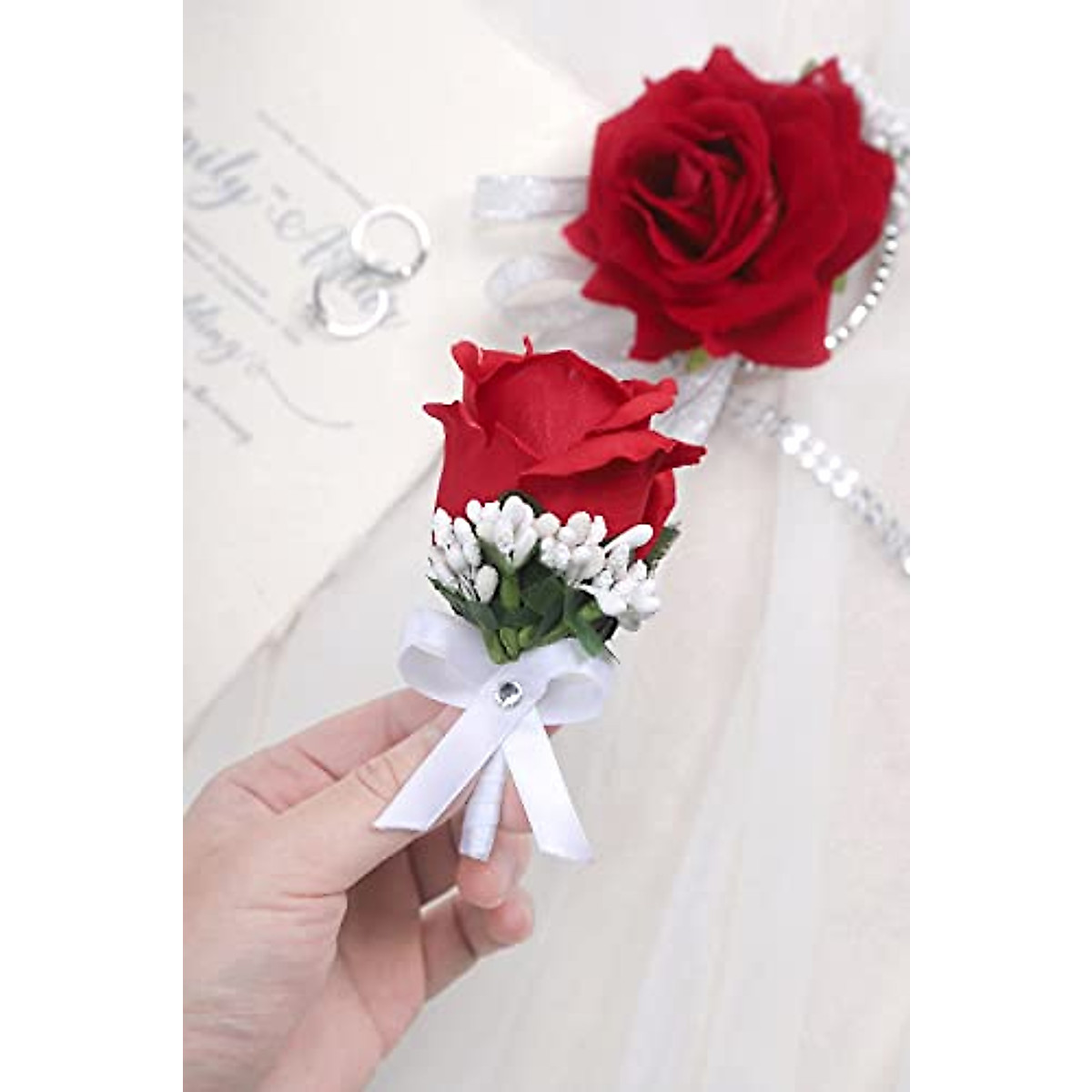 Aivanart Corsage and Boutonniere Set for Weddings，Burgundy Red Artificial Flower Wristlet Boutineers for Bride Shower Prom Formal Dinner Party Anniversary