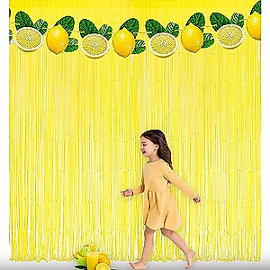 Yellow Streamers Party Backdrop - GREATRIL Foil Fringe for Sunflower/Bee/Pineapple/Lemon/Truck/Race Birthday Party Decoration - 3.2ft X 8.2ft - 2 Packs