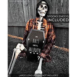 Coffin Letter Board Black With Spooky Emojis +500 Characters, and Wooden Stand - 17x10.5 Inches - Gothic Halloween Decor Spooky Gifts Decorations