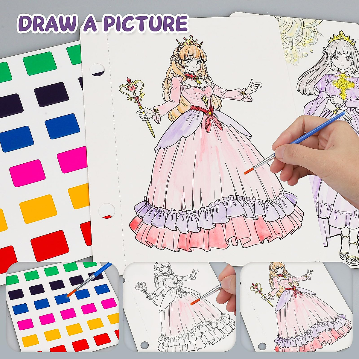 burgkidz Childhood Infinite Dream Hand-Painted, 4 in 1 Puzzle Poke Water Coloring Book with Stickers, Watercolor Painting, Poking, Creative Puzzle Puncture for Toddlers (Pink-2)