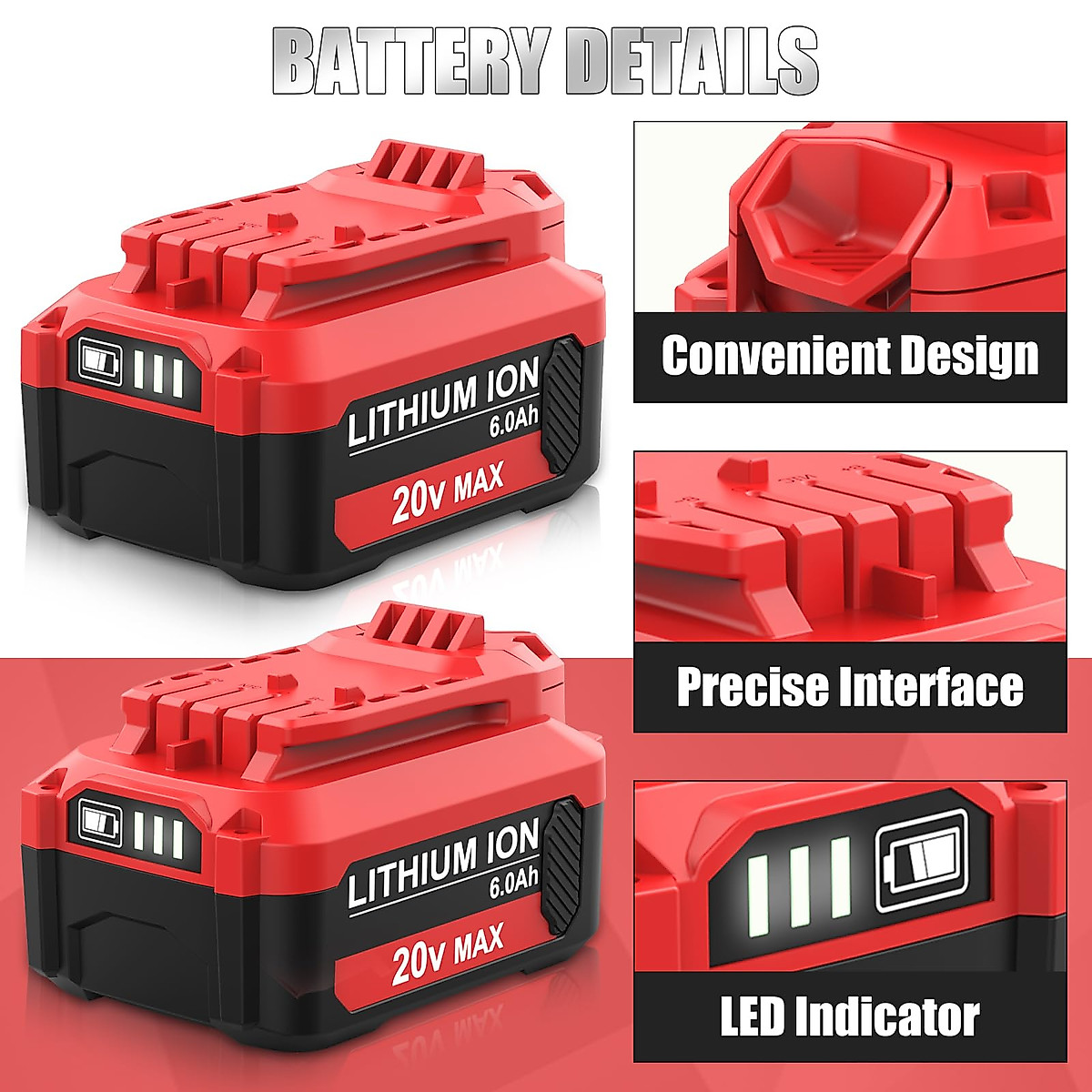 2PACK CMCB206 6000mAh Lithium ion Replacement Battery Compatible with Craftsman 20V Battery CMCB202 CMCB204 CMCB201 CMCB209 CMCB205 CMCS500 V20 Series Cordless Power Tool(Only for V20 Series)(Red)